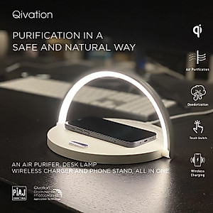 Qivation TiO2 Multifunctional Desk Lamp with Wireless Charger, Japan Tech 24/7 Air Purification, LED lamp 3 Brightness Levels, Phone Stand, Eye-Caring Night Light Qi Comp. for Home & Office