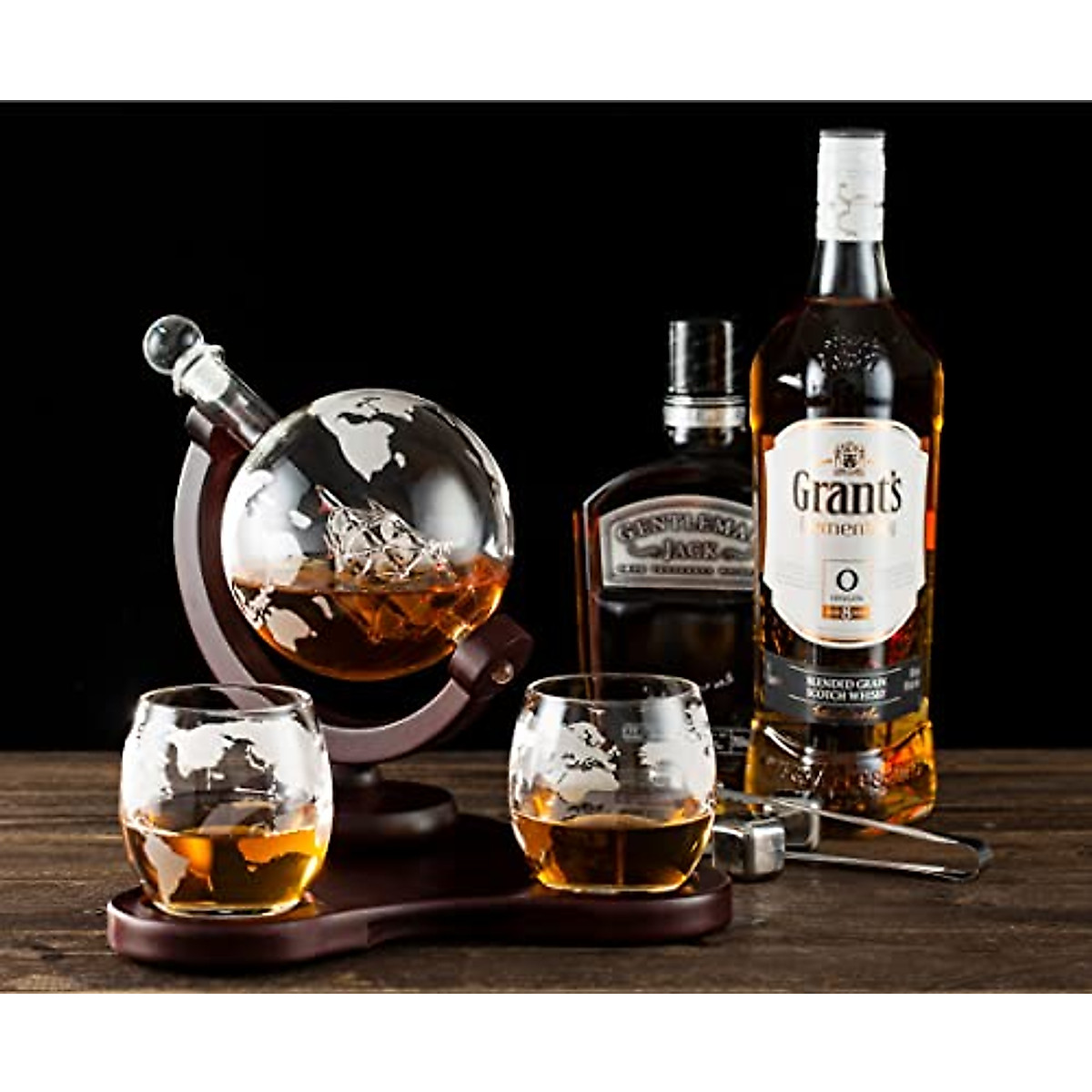 Verolux Whiskey Globe Decanter Set with 2 Etched Glasses in Gift Box - Birthday gifts for men and women - Home Bar Accessories for Bourbon, Scotch, Liquor, Whisky, Gin, Rum, Tequila, Vodka and Brandy