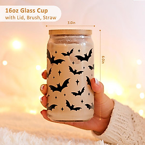 Fairy's Gift Halloween Bats Cup, Halloween Spooky Gifts, Gothic Bat Glass Cup, Cute 16 oz Iced Coffee Cup, Halloween Party, Boo Basket Stuffers, Bat Themed, Halloween Gifts for Women Men Bat Lover