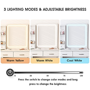 Fameill Makeup Vanity Desk with Mirror and Lights, White Vanity Table Set with Charging Station, Dressing Table with RGB Cabinet, Makeup Vanity Mirror with 5 Drawer, Hooks, Storage Shelves, Chair