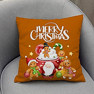 Christmas Gingerbread Man Throw Pillow Cover Candy Cane Santa Christmas Balls Holiday Brown Linen Decorations Pack of 2 Euro Patterned Bed Outdoor Patio Office Porch Cozy Pillow Covers 16x16inch