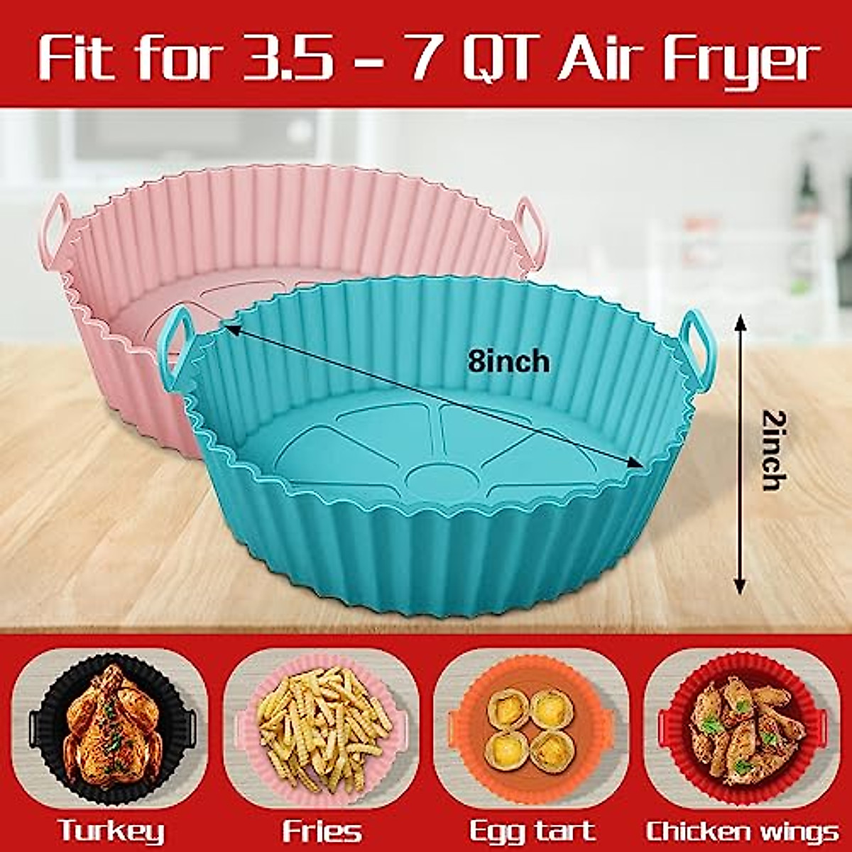 3 Pack Air Fryer Silicone Liners Pot, 8 Inch Silicone Air Fryer Liners Round Reusable Air Fryer Basket for 3.5-7QT, Replacement of Parchment Paper Liners for Baking Oven Microwave (Blue+Pink+Grey)