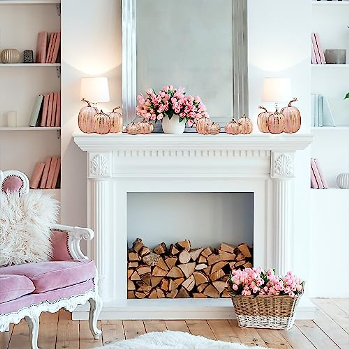 Winlyn 10 Pcs Assorted Artificial Gold Brushed Pink Pumpkins Rustic Decorative Pumpkins Foam Pumpkins for Farmhouse Fall Wedding Baby Shower Halloween Tabletop Centerpiece Mantel Decoration