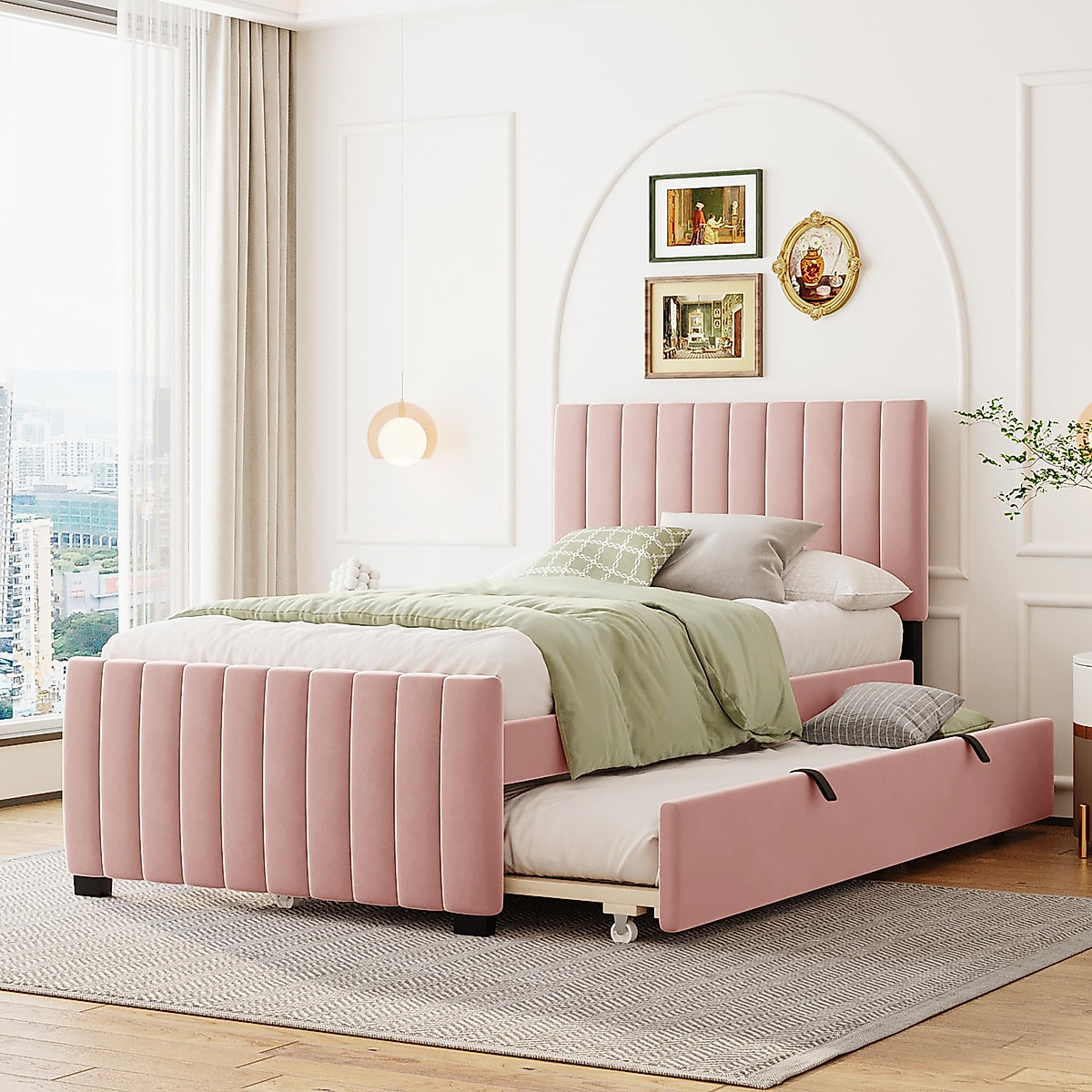 CITYLIGHT Upholstered Twin Bed with Trundle Bed Under,Velvet Twin Size Platform Bed with Headboard,Wood Twin Trundle Bed for Kids Girls Boys,No Box Spring Needed,Pink