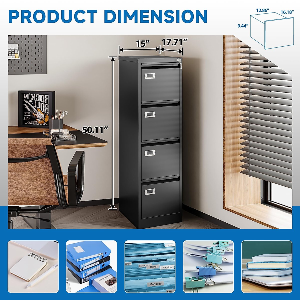 BYNSOE 4 Drawer File Cabinet with Lock Metal Vertical File Cabinet Office Home Vertical File Cabinet for A4 Legal/Letter Size Narrow File Cabinet Locked,Assembly Required (Black, 4 Drawers- Vertical)