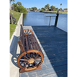 Kinfant Patio Bench Wooden Garden Seat - 55” Outdoor Rustic Brown 2-Person Wagon Wheels Furniture