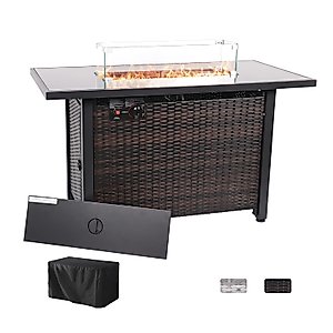 44 in Propane Fire Pit Table,Rattan Fire Pit Table with Glass Wind Guard,60,000 BTU Auto-Ignition Gas Firepit,CSA Certification and Black Tempered Glass Tabletop,for Outdoor, Patio, Lawn…
