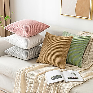 EMEMA Throw Pillow Covers Corduroy Decorative Soft Striped Square Cushion Covers Spring Pillowcases for Couch Sofa Bedroom Chair Car 18x18 Inch Pack of 2, White