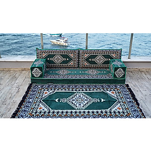 Green Floor Couch Set, Sectional Sofas, Arabic Floor Sofa Set, Yoga Meditation Mat, Futon Sofa Bed, Sofa Covers (Sofa + Rug, 4'' Thickness (10 cm))