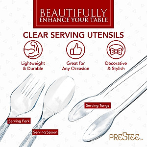 Prestee 15 Piece Transparent Plastic Disposable Serving Utensils Set - 10" Spoons, Tongs, Forks - Disposable Serving Trays and Platters for Kitchen Dining, Buffet Cutlery Sets, Serving Trays (15pk)