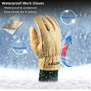 FEISHDEK Waterproof Work Gloves for Men, Winter Insulated Leather Work Gloves, Cowhide Leather Gloves Working in Cold Weather