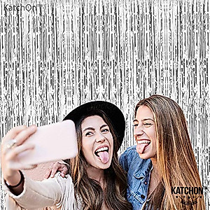KatchOn, XtraLarge, 6.4x8 Feet Silver Fringe Backdrop - Pack of 2 | Silver Streamers Backdrops for Photoshoot | Silver Graduation Party Decorations 2023 | Silver Backdrop for Disco Party Decorations