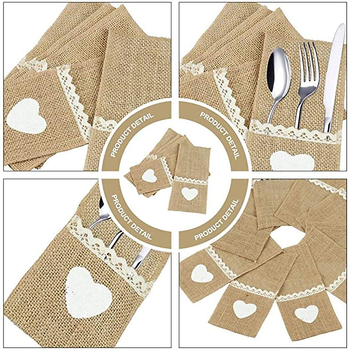 KAISIDA 10 Pcs Burlap Lace Utensil Cutlery Holders Cutlery Pouch Knifes Forks Bag for Vintage Natural Wedding Bridal Shower Tableware Christmas Party (4x8inch, Heart)