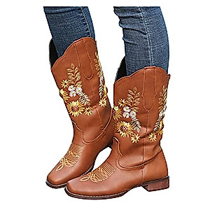 Chunky Heel Cowgirl Boots Vintage Western Boots Cowboy Cowgirl Motorcycle Boots Sunflower Embroidered for Womens Boot Brown