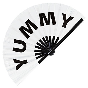 Yummy hand fan foldable bamboo circuit hand fan funny gag slang words expressions statement gifts Festival accessories Rave handheld Circuit event fan Clack fans (White)
