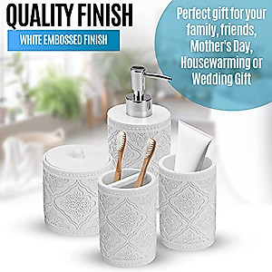 Kralix 4 Piece White Bathroom Accessories Set, Modern White Soap Dispenser Set, White Toothbrush Holder Set, Tumbler and Qtip Holder, Embossed White Bathroom Decor Accessory Set, Accesorios para Baño