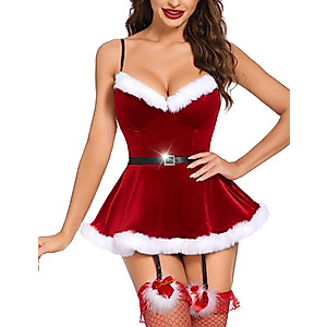 Avidlove Valentines Day Lingerie for Women Sexy Babydoll Red Velvet Lingerie with Cute Corset (Red,L)