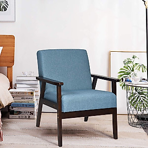 Giantex Mid-Century Modern Accent Chair, Retro Fabric Armchair, Solid Hardwood Made, Upholstered Linen Lounge Arm Chair for Living Room (1, Blue)
