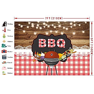 BBQ Backdrop FHZON 7x5ft Brown Wooden Board String Lights Lace Barbecue in The Wild Photo Background for Groovy Party Decorations Studio Props BJYYFH38