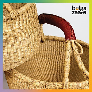 Bolga Zaare Market Basket, Handmade in Ghana by Women Artisans, Natural, Large, 16"-18" Diameter x 9"-10" H, RED Handle (1 Basket)