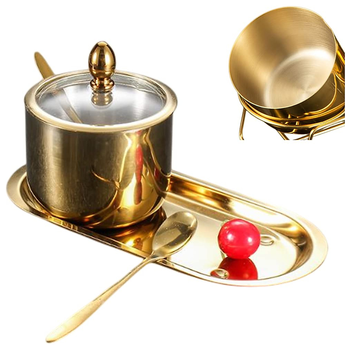 2 Pcs Stainless Steel Seasoning Box,Spice pot seasoning bottle Salt Pepper sugar storage bottle With Spoon and Clear Lid for home and kitchen (gold)