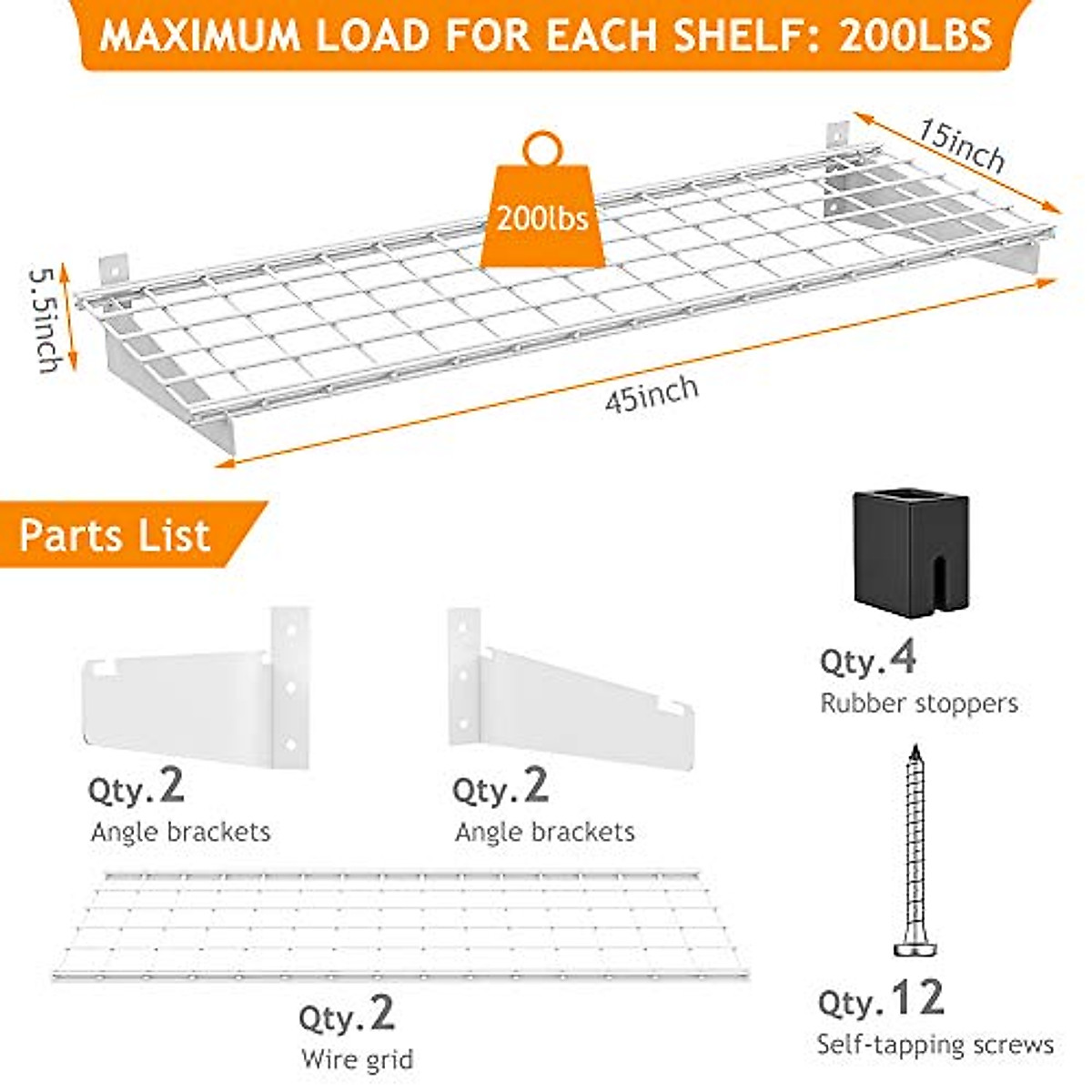 Wallmaster 2-Pack 2x4ft Heavy Duty Garage Wall Shelving 45-inch-by-15-inch Wall Mount Garage Storage Rack Floating Shelves Max Load 400lb White