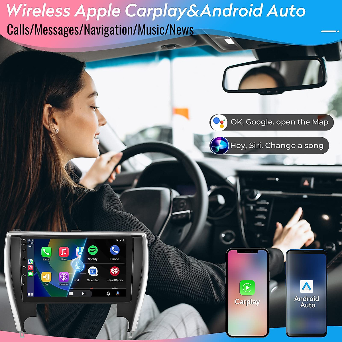 2+32 Android 12 Car Stereo for Toyota Camry 2015 2016 2017, 10.2" HD Touch Screen car Radio with Wireless Carplay & Android Auto, Mirror Link, Bluetooth, WiFi, GPS Navigation, Backup Camera