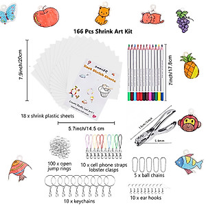 Shrink Plastic Sheet Kit, 166 Pcs Shrink Art Kit Include 10Pcs Shrink Film Paper and 8 Pcs Shrinky Art Paper with Pattern, Hole Punch, Keychains Accessories and Pencils for Kids Creative Craft