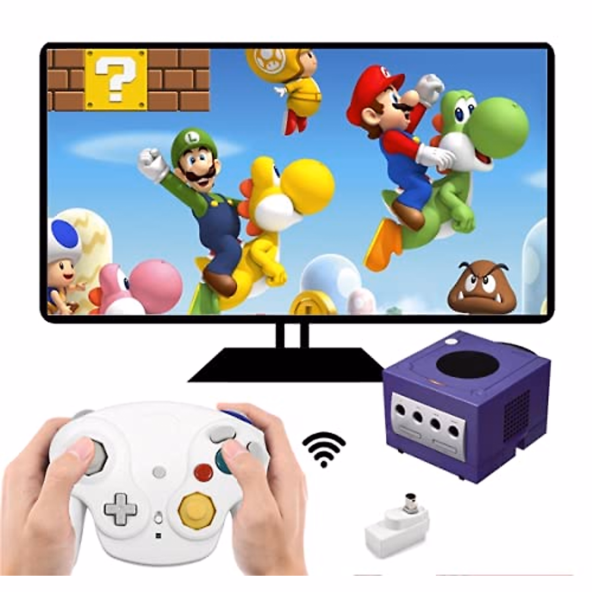 VTone Wireless Gamecube Controller, 2 Pieces 2.4G Wireless Classic Gamepad with Receiver Adapter for Wii Gamecube NGC GC (Black and White)