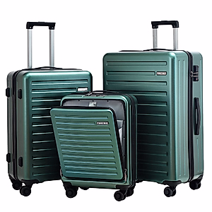 3Pcs (20/24/28) Luggage Set, HardShell Lightweight, Only 20" with Front Pocket, 21.65*15.35*7.87" Fits Overhead Cabin, 24" (26*17.7*10.2") and 28" (19.68*11.81*29.92") Checked Luggage, Green