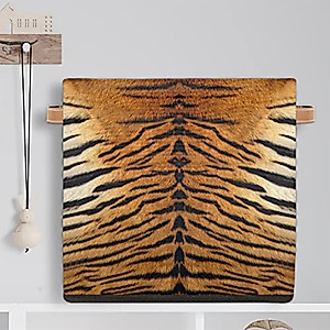 GzLeyigou Large Collapsible Storage Bins,Animal Tiger Leather Leopard Print Decorative Canvas Fabric Storage Boxes Organizer with Handles,Cube Square Baskets Bin for Home Shelves Closet Nursery Gifts