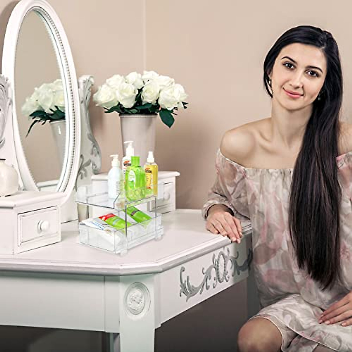 ruishetop 2-Tier Multi-Purpose Pull Out Cabinets Organizer Shelf, Under Sink Cabinet Organizer with Drawer, Sliding Basket Drawer Countertop Organizer Storage for Home Office Kitchen (Clear- 2 Set)