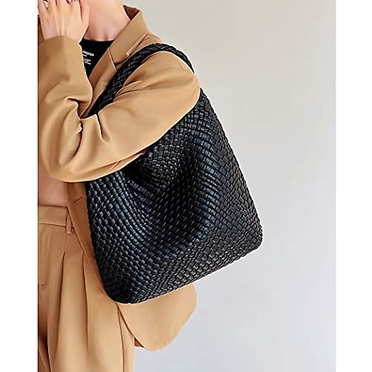 Women 2 in 1 Leather Handbag Hobo Purse Weave Shouler Bag Large Capacity Top Handle Satchal Bag, Black