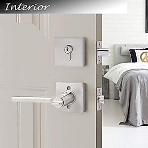 Probrico (4 Set) Entry Door Lever Lockset Handle with Double Cylinder Deadbolt, Combo Pack Keyed Alike Front Door Combination Set,Satin Nickel Finish Square Locking Security Lever Handleset