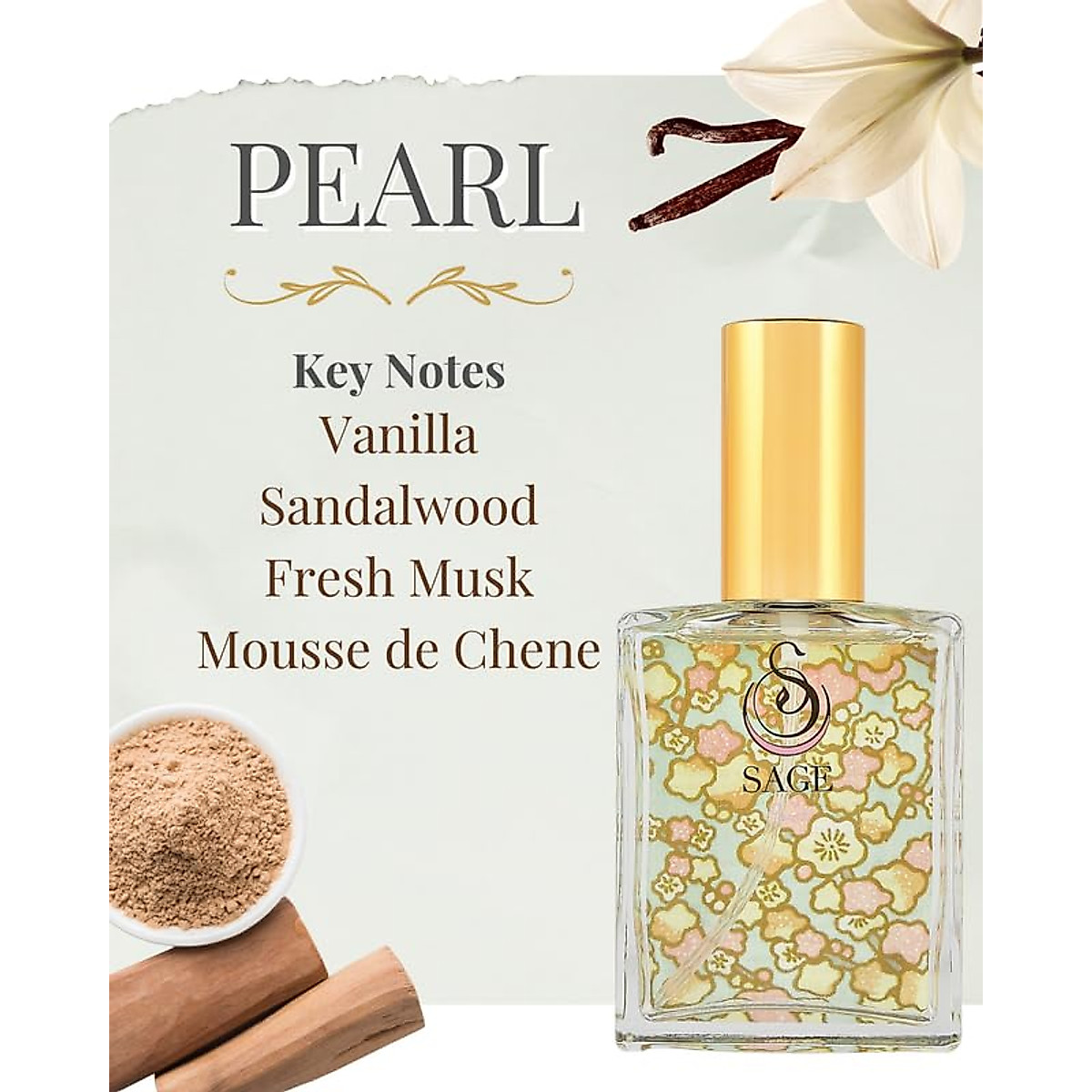 Pearl Organic Perfume Spray by Sage- 2 oz, Vegan & Cruelty-Free, Subtle Scent, Vanilla, Sandalwood, Musk