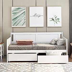 Harper & Bright Designs Twin Daybed with Two Drawers, Wood Twin Size Sofa Bed Frame with Wooden Slat Supports, Storage Daybed for Bedroom, Living Room (White, Twin with Drawers)