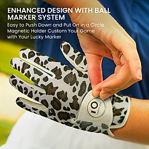 FINGER TEN Golf Gloves Women Left Right Hand Leather with Ball Marker Value Pack, Colored Glove for Ladies Right Left Handed Golfer All Weather Grip (Full-Leopard, Large, Left)