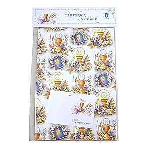 Folded JHS Communion Chalice, Host and Holy Bible Patterned First Communion Wrapping Paper Sheet, Pack of 3, 39 Inches x 27 Inches