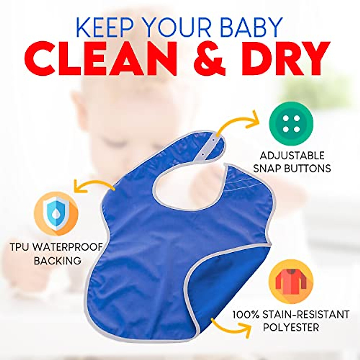Toppy Toddler Large Waterproof Baby Bibs with Snap Buttons, Boys and Girls Bib Packs, 1-4 years