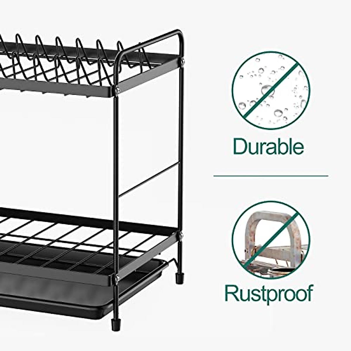 GSlife Dish Drying Rack for Kitchen 2 Tier Small Dish Rack with Drainboard Rust-Resistant Compact Dish Drainer with Utensil Holder Cutting Board Holder for Kitchen Counter, Black
