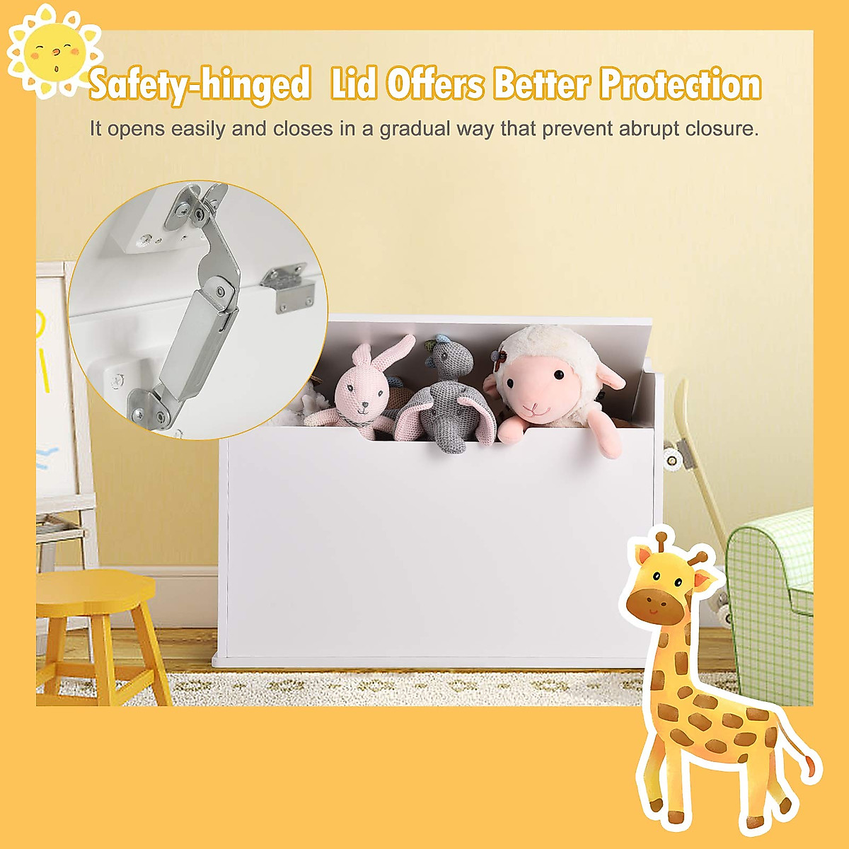 Costzon Wooden Toy Chest, 2 in 1 Toy Box and Storage Chest with Seating Cushion, Finger-Pinch Prevention Toy Storage Case with Seating Bench, Lift-Top Storage Chest for Bedroom/Living Room (White)