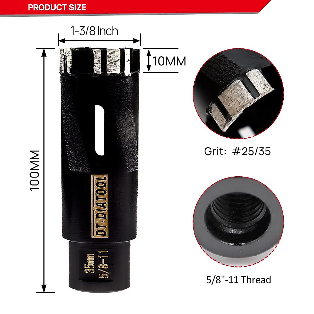 DT-DIATOOL Diamond Core Drill Bit 1-3/8" - Welded Hole Saw 35mm with 5/8-11 Arbor for Granite Marble Hard Stone