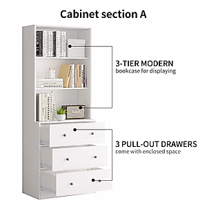 TUSY 71" Bookshelf Bookcase, 3-Tier Modern Bookshelves 3 Large Drawer, Wood Filing Cabinet with Open Storage Shelf, Glass Doors 5-Tier Fixed Storage Shelves for Home Office