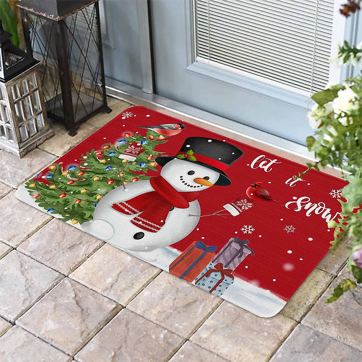 Teather Snowman Cardinal Birds Red Christmas Bath Rugs Snowflake Xmas Tree Sponge Doormat Absorbent Non Slip Backing Durable Soft Flannel Memory Foam Mats Carpet for Bathroom Kitchen, 20x31.5 inches