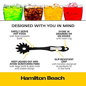Hamilton Beach Pasta Server 14in Soft Touch Handle - Durable Food Grade Plastic Pasta Server, Spaghetti Spoon Server, Ergonomic and Soft Touch Handle, Heat Resistant Design, Rustproof – Black