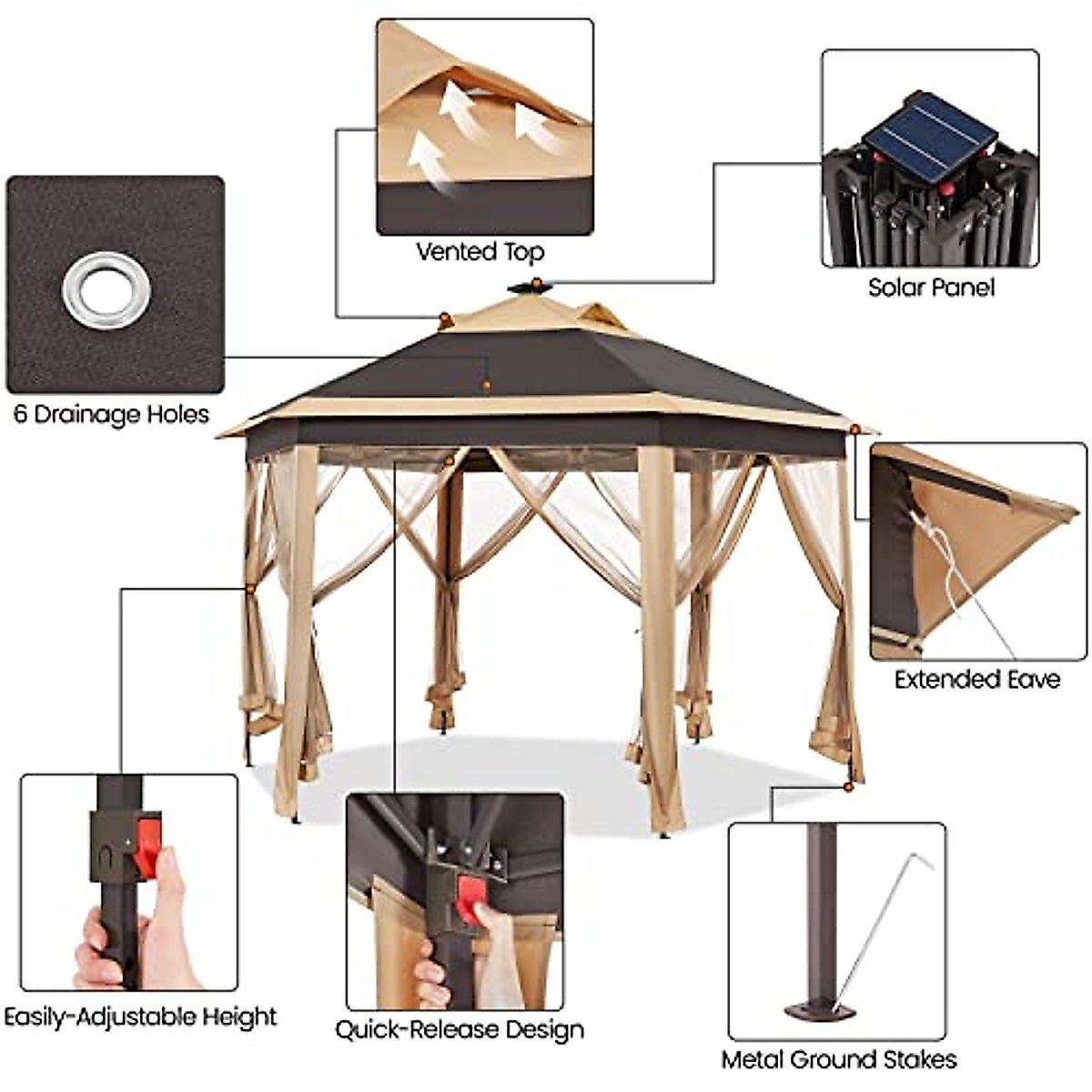 Yaheetech 13′ × 13′ Pop-Up Patio Gazebo Tent W/Mesh Netting Sides & 25 Solar LED Lights, Hexagonal Double Vented 3 Height Adjustable Gazebo with Storage Bag for Backyard, Garden, Lawn, Khaki & Brown
