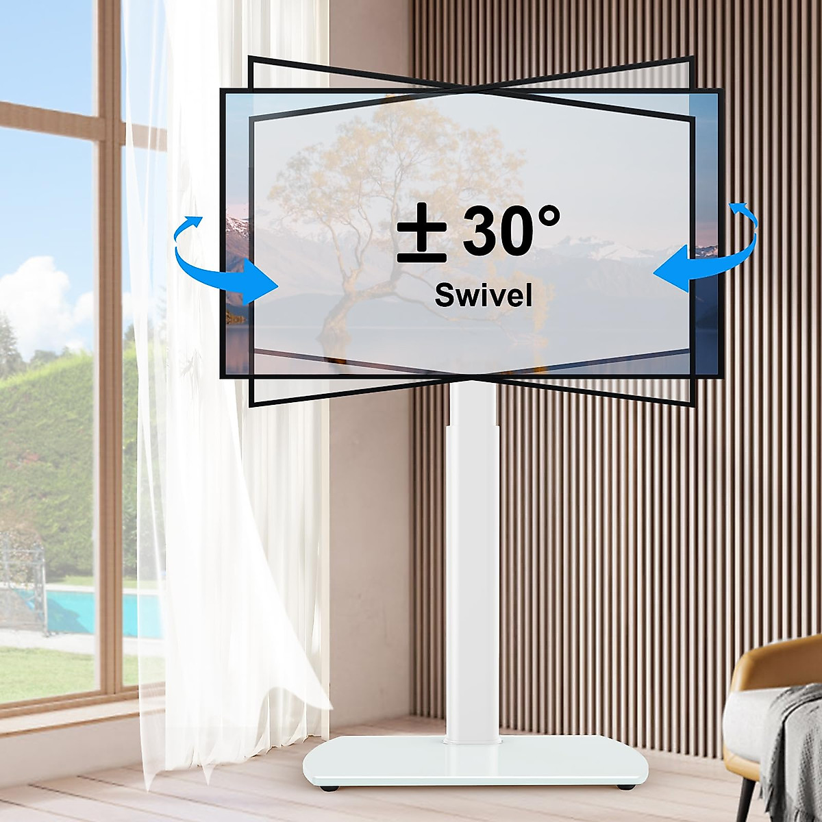 YOMT Floor TV Stand with Swivel Mount, Universal TV Stand for Most 27-65 Inch LED LCD OLED Flat Panel or Curved Screen TVs, Height Adjustable Narrow TV Stand for Bedroom Small Space, White