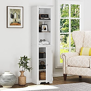 UTEX 64" Freestanding Storage Cabinet, Bathroom Tall Cabinet with Doors and Shelves, Free Standing Linen Tower, Home Storage Furniture,White