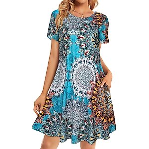 Boho Dresses for Women Summer Spring Sun Beach Tshirt Tie Dye Short Sleeves with Pocket(Bohemian Blue,L)