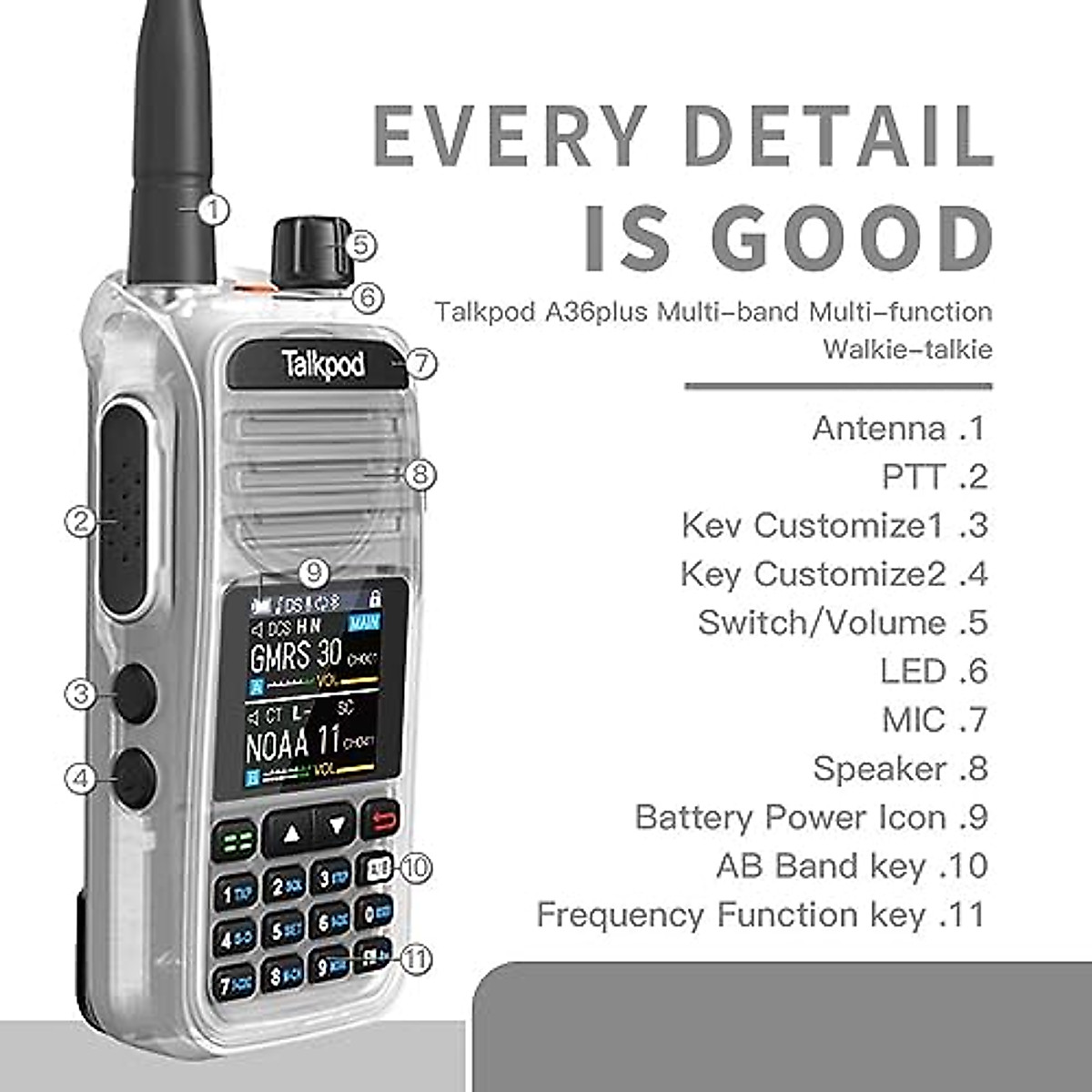 Talkpod A36Plus GMRS Radio HAM Walkie Talkie 512 Channel, 5W Output, AM AIR VHF UHF 7-Band Receive (Crystal)